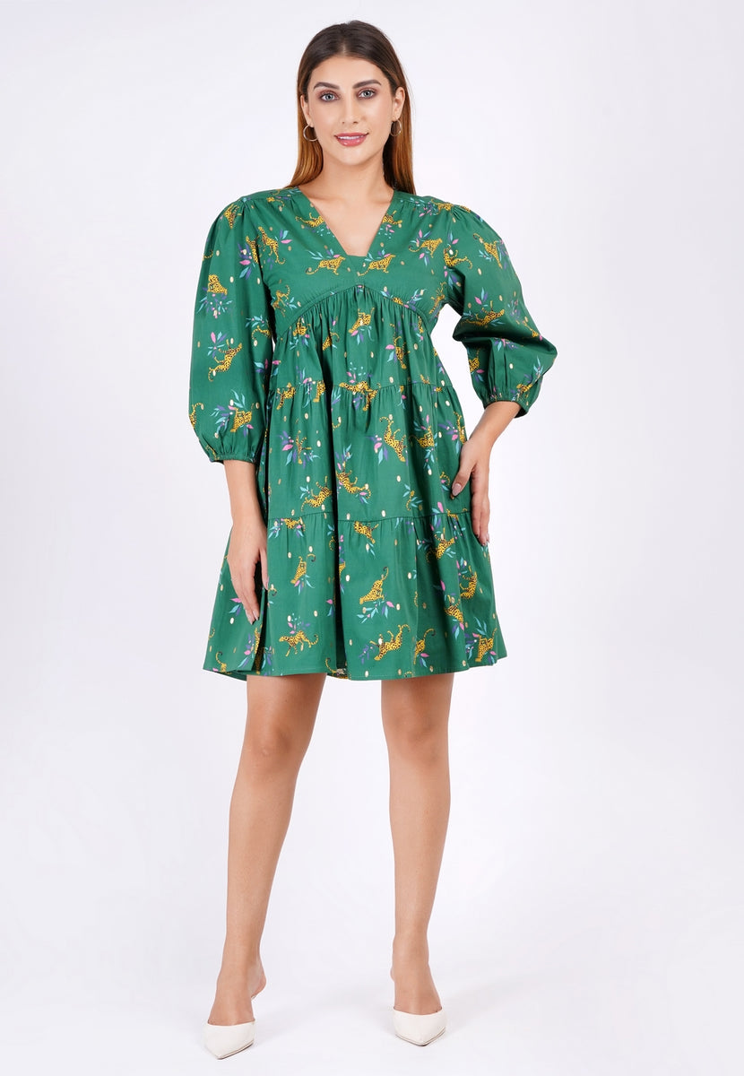 Zariah Empire Waist Mini Dress Lucky Cheetah Verdant Green – Leota