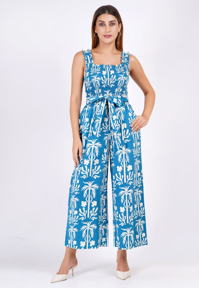 Janet Cropped Jumpsuit Palm Fields Mykonos Blue – Leota